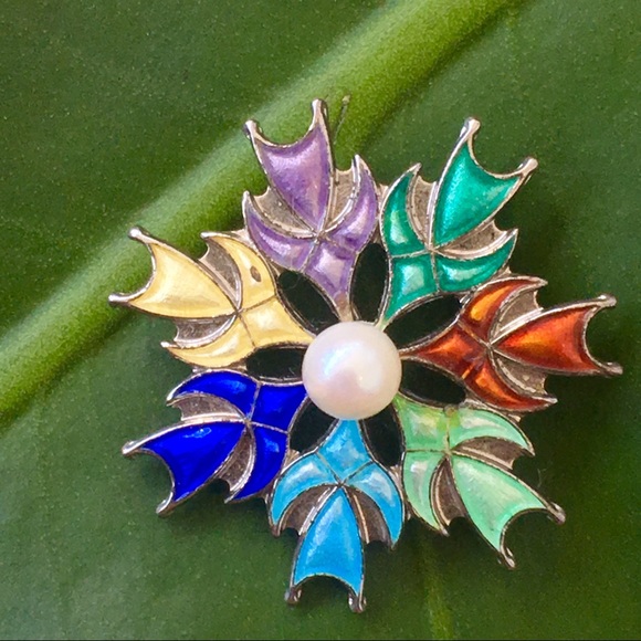 Vintage | Jewelry | 94s1950s Sterling Silver Enamel Pearl Brooch | Poshmark